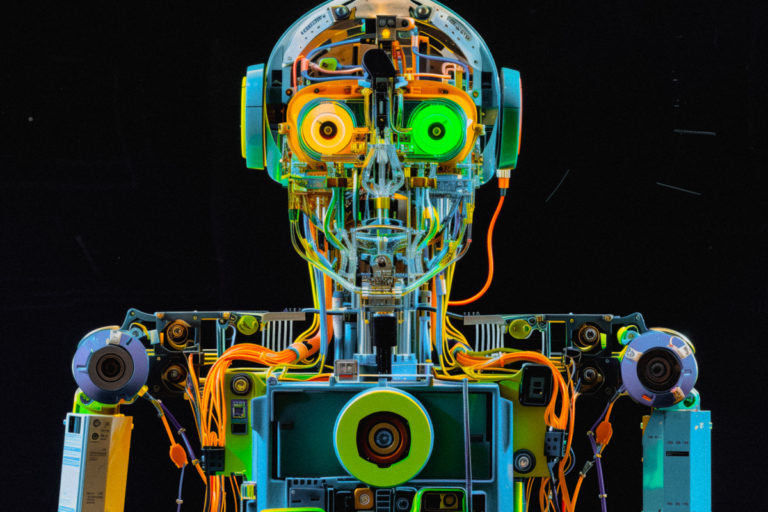 Neon Green-Eyed Humanoid with Complex Wiring - Duncan.co